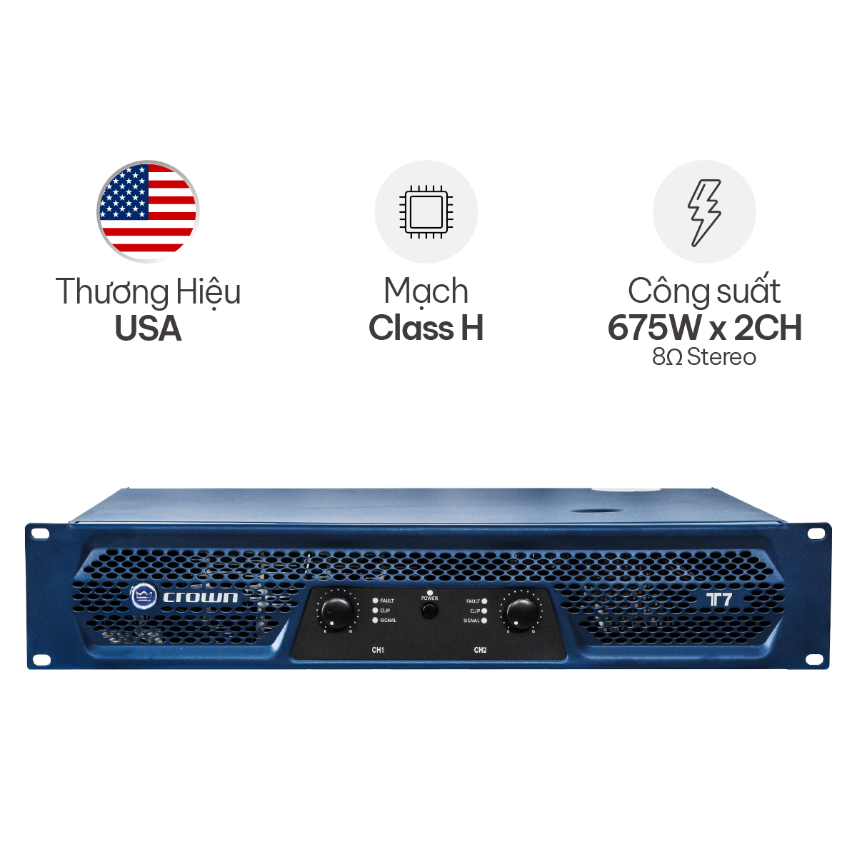 Cục đẩy công suất Crown T7 nhập khẩu Mỹ, 2 kênh, mạch class H